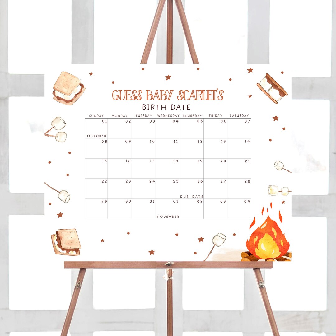 Editable S'more Baby Shower Due Date Calendar, Fall Bonfire Baby Shower ...
