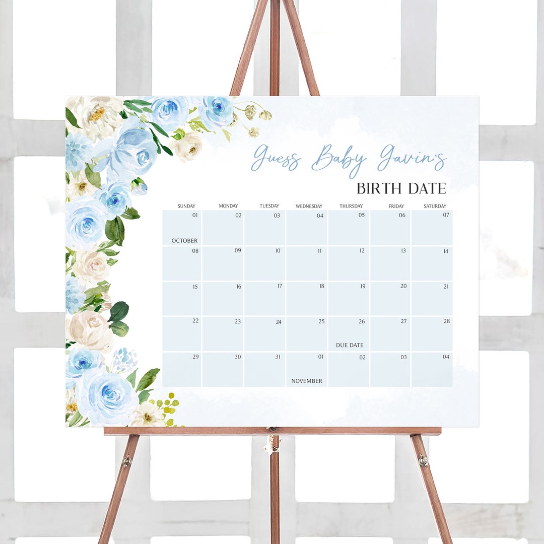 Editable Boy Baby in Bloom Baby Shower Due Date Calendar, Blue Floral ...