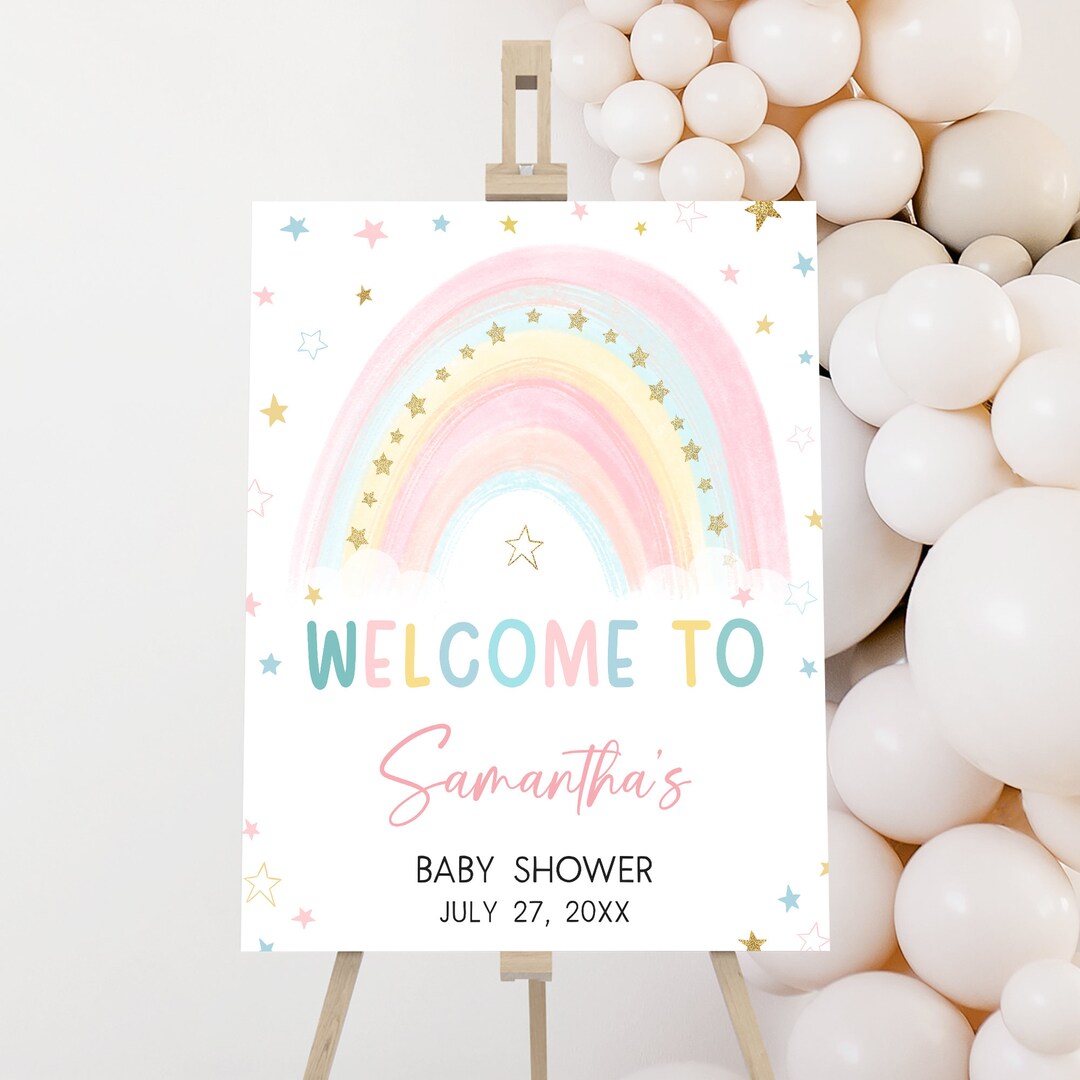 Editable Rainbow Baby Shower Welcome Sign, Boho Rainbow Baby Shower ...