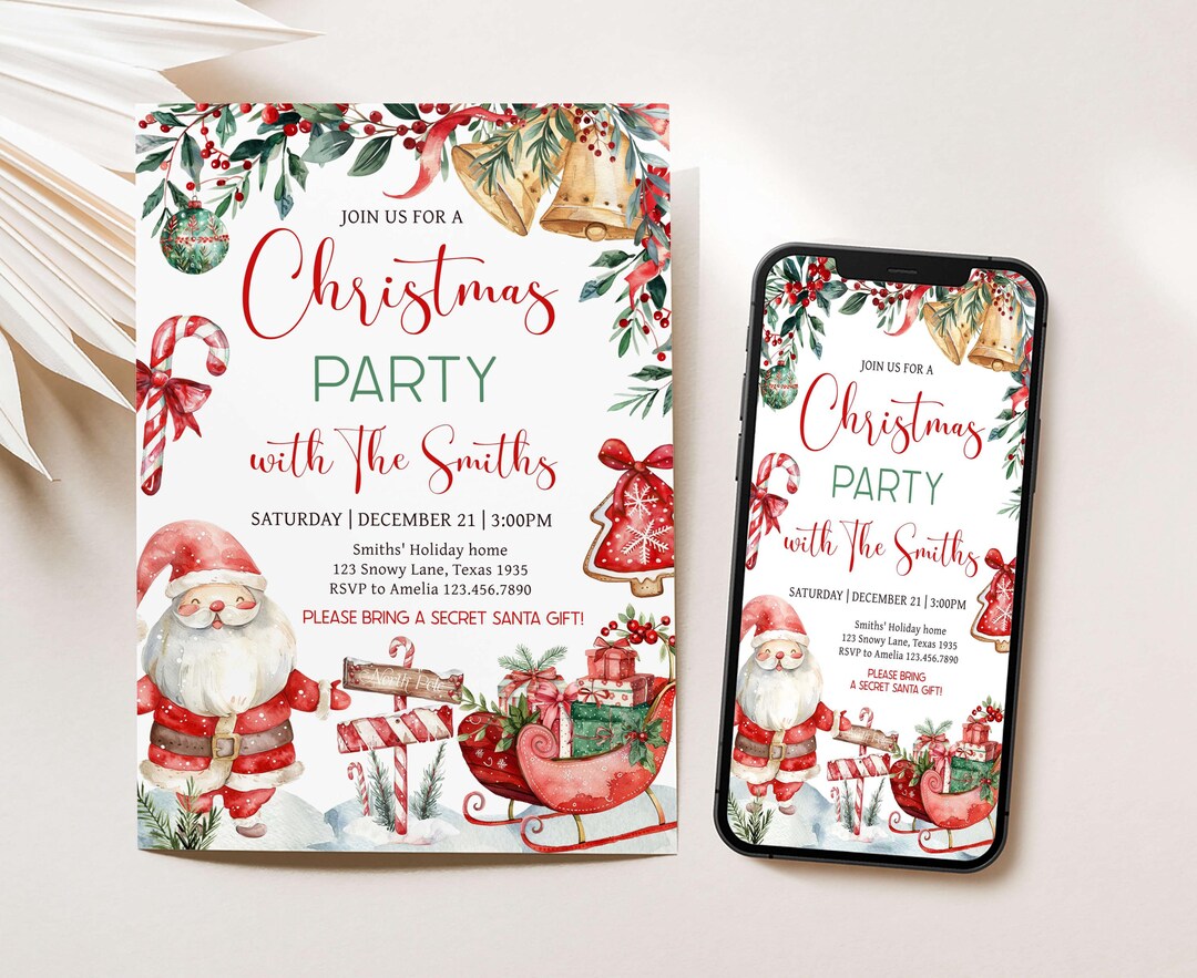Editable Christmas Party Invitation, Santa Claus Invite, Gift Exchange Party Invite, Christmas ...