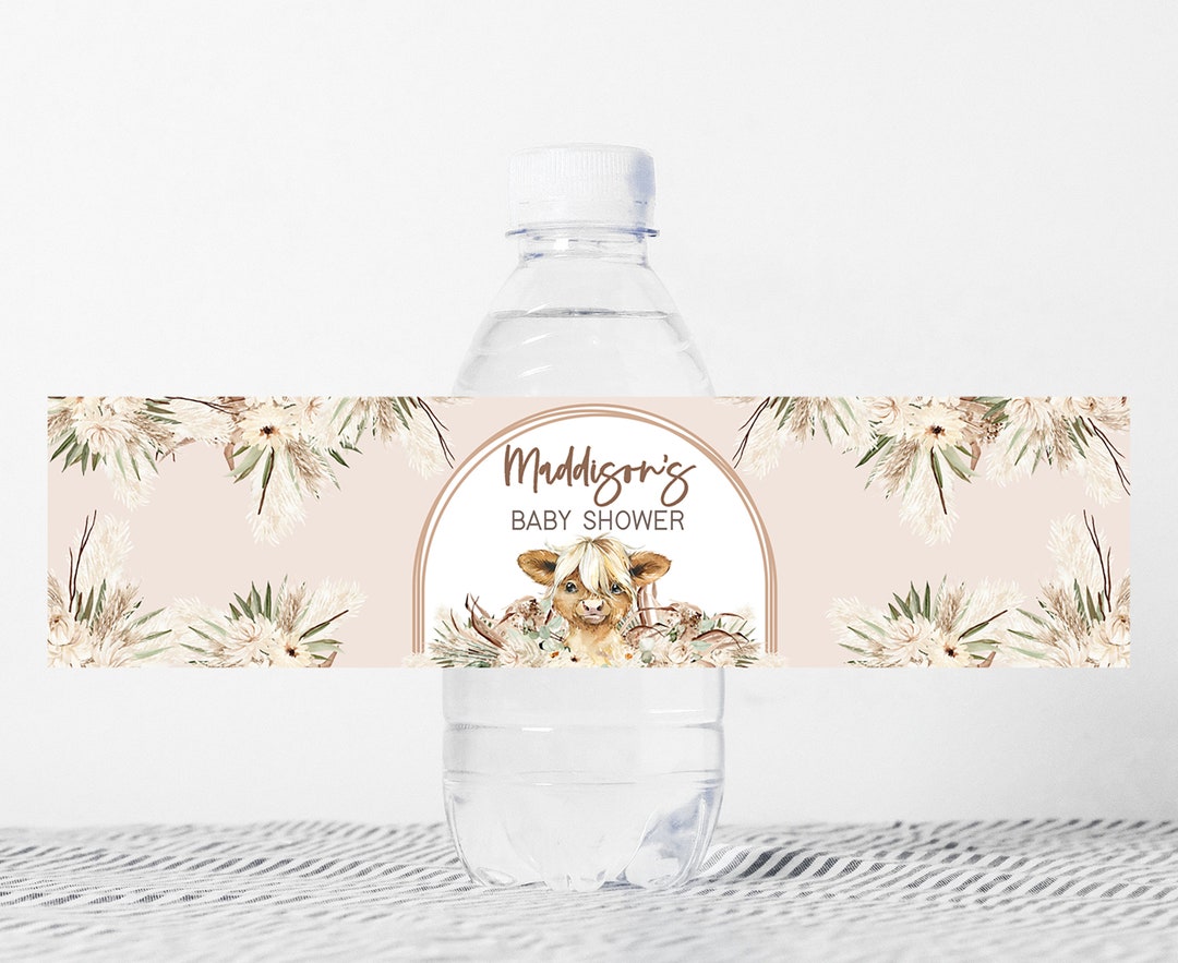 Editable Highland Cow Baby Shower Water Bottle Labels Cow Baby Shower ...