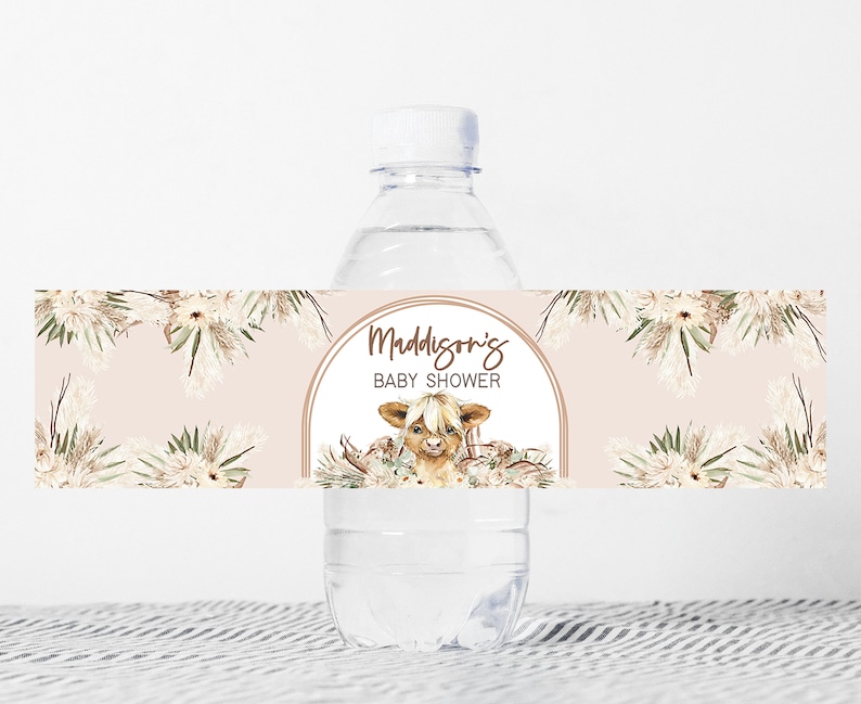 Editable Highland Cow Baby Shower Water Bottle Labels Cow Baby Shower ...
