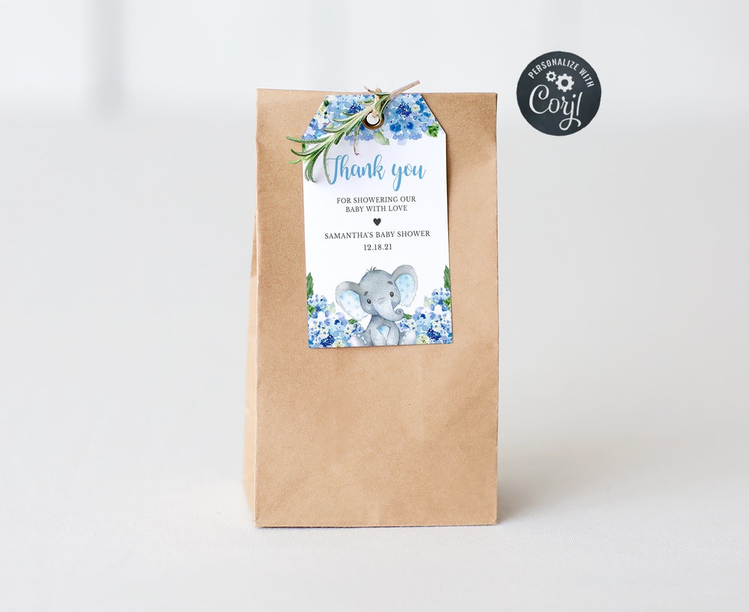 Editable Elephant Baby Shower Favor Tags, Blue Elephant Gift Tags, Blue ...