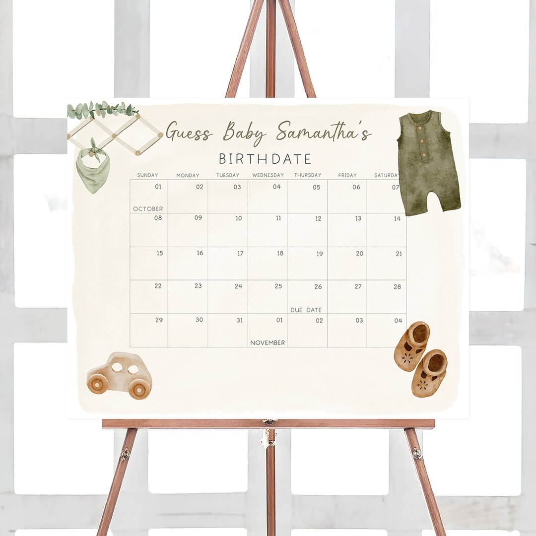 Editable Boho Baby Shower Due Date Calendar Baby Clothes Baby Shower ...