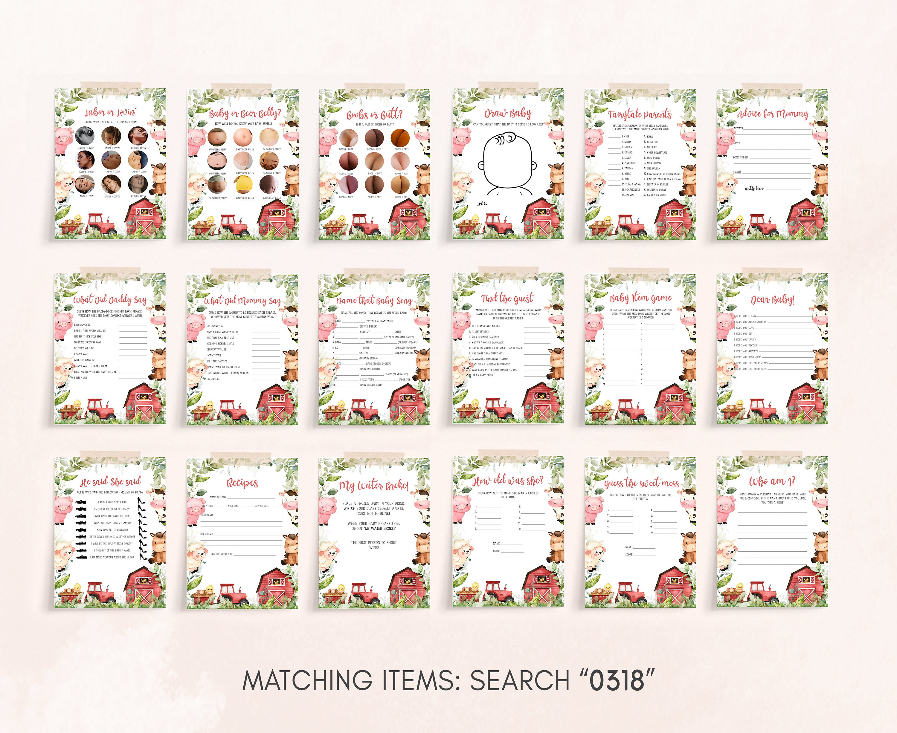 Editable Farm Baby Shower Games Bundle, Red Barnyard Baby Shower Game ...