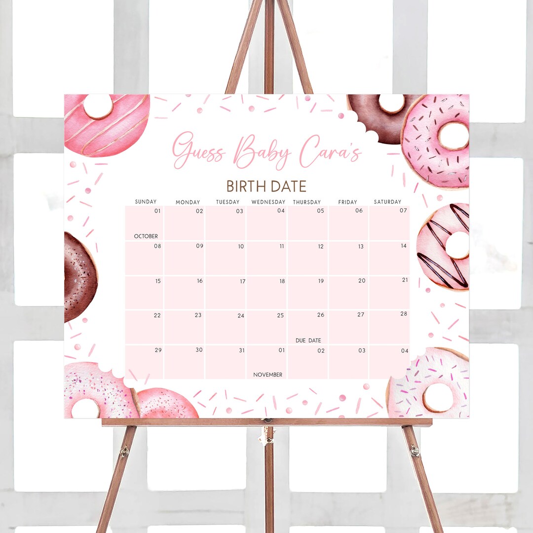 Editable Pink Donuts and Diapers Baby Shower Due Date Calendar, Girl ...