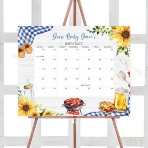 Editable Sunflower Blue Baby-q Baby Shower Due Date Calendar, Boy BBQ ...