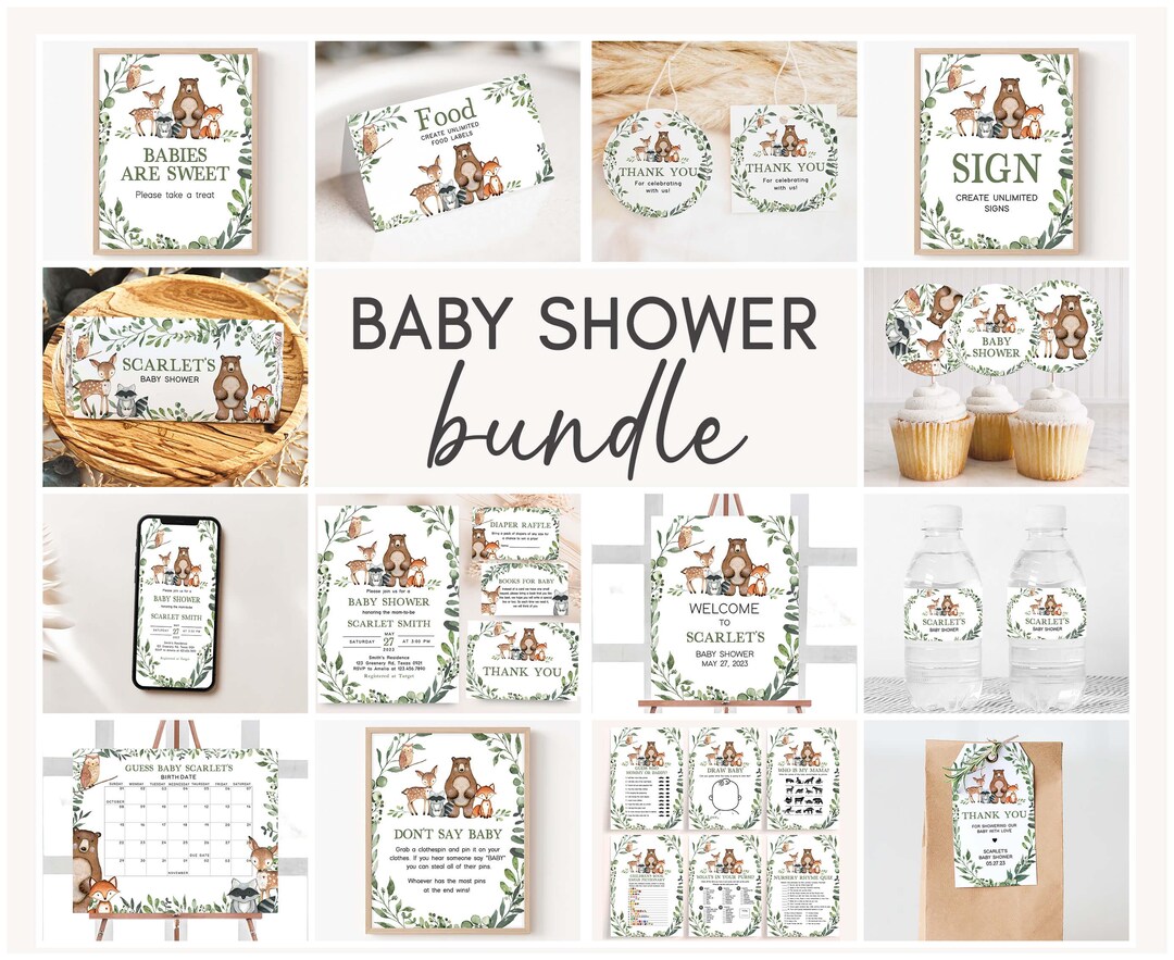 Editable Woodland Baby Shower Bundle, Woodland Animals Baby Shower Pack ...