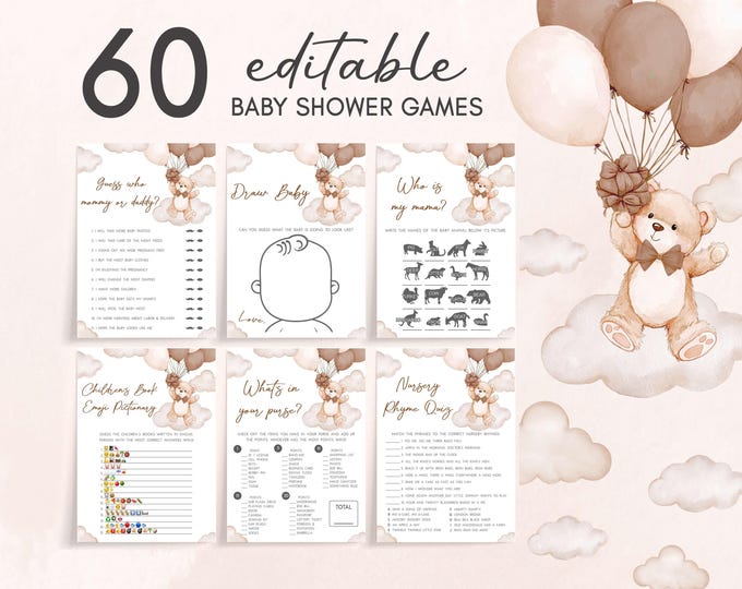 Editable Gender Neutral Bear Baby Shower Game Bundle, We Can Bearly Wait Baby Shower Game Pack ...