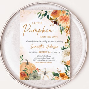 Editable Floral Little Pumpkin Baby Shower Invitation Bundle, Rustic ...