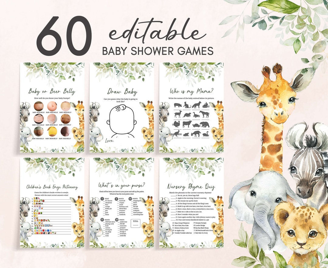 Editable Wild One Safari Baby Shower Games Bundle, Jungle Baby Shower ...