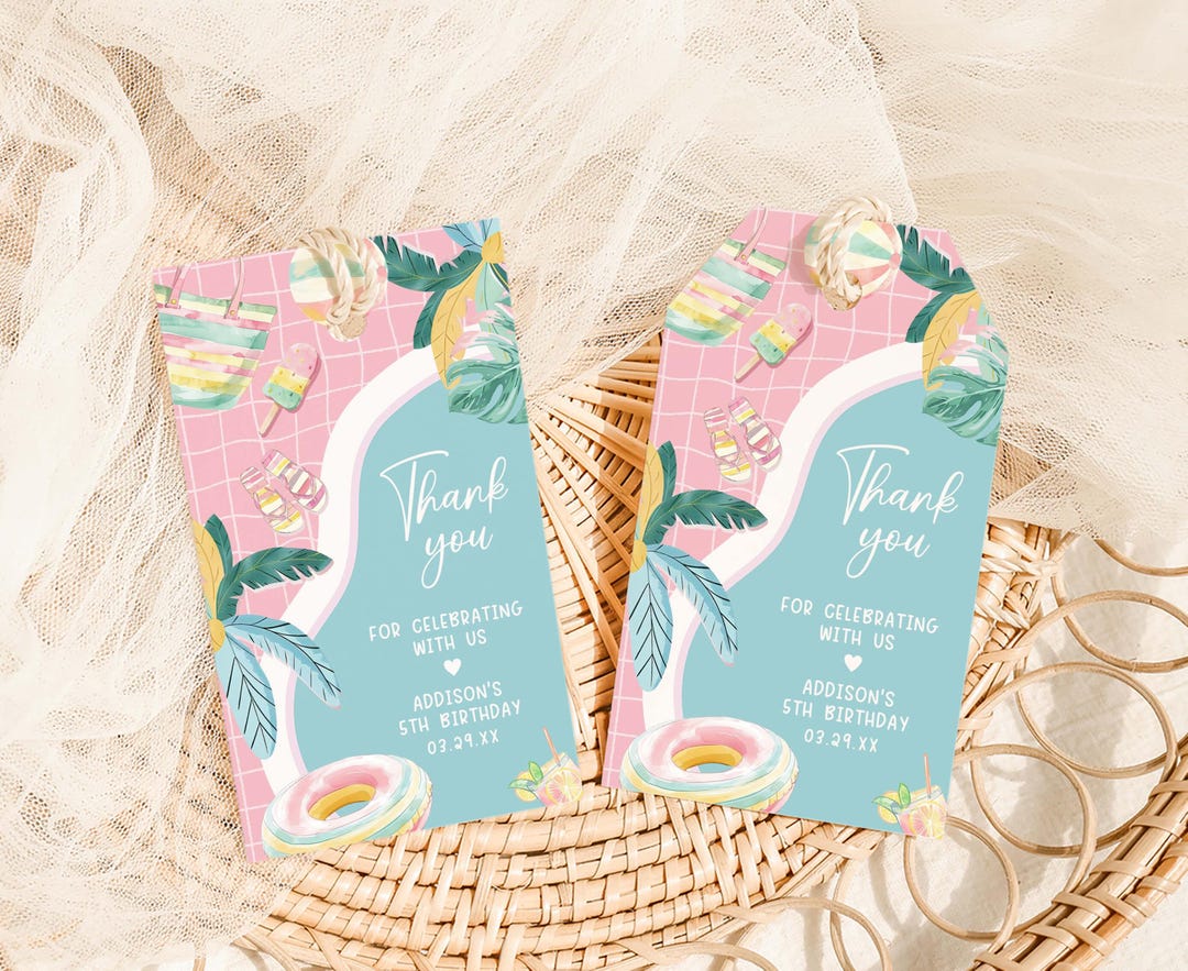 Editable Pool Party Birthday Favor Tag, Pastel Summer Party Gift Tag ...