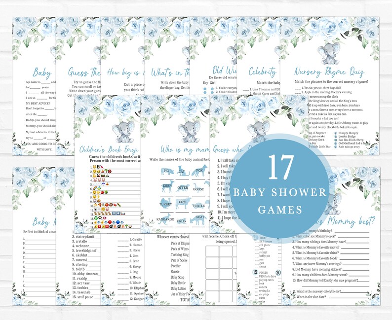 Elephant Baby Shower Game Bundle Blue Elephant Boy Baby - Etsy
