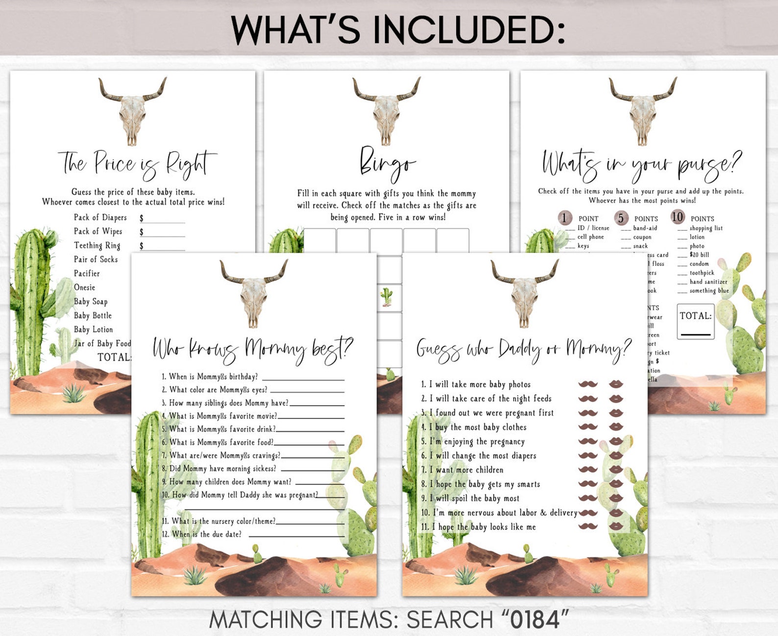 Bull Skull Baby Shower Game Bundle Southwestern Cactus Baby - Etsy