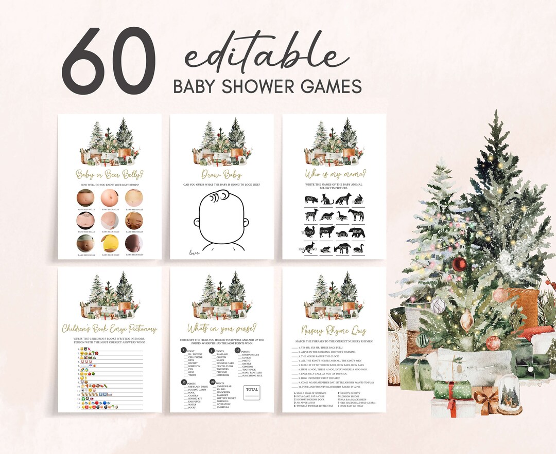 Editable Christmas Baby Shower Games Bundle, Christmas Tree Baby Shower ...