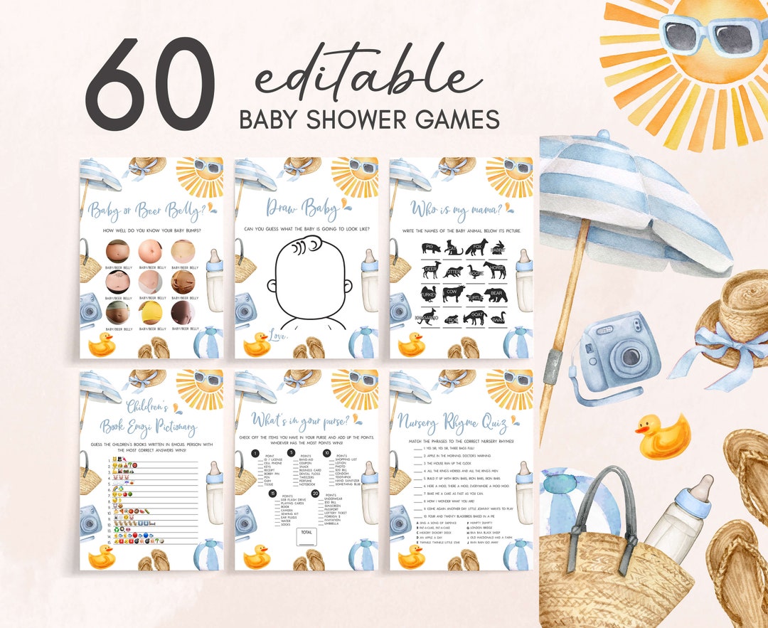 Editable Boy Splish Splash Baby Shower Games Bundle, Blue Beach Summer ...