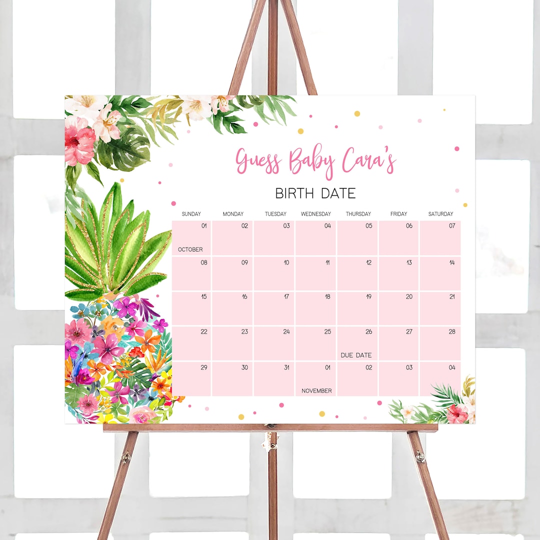 Editable Pineapple Aloha Baby Shower Due Date Calendar, Pink Floral ...