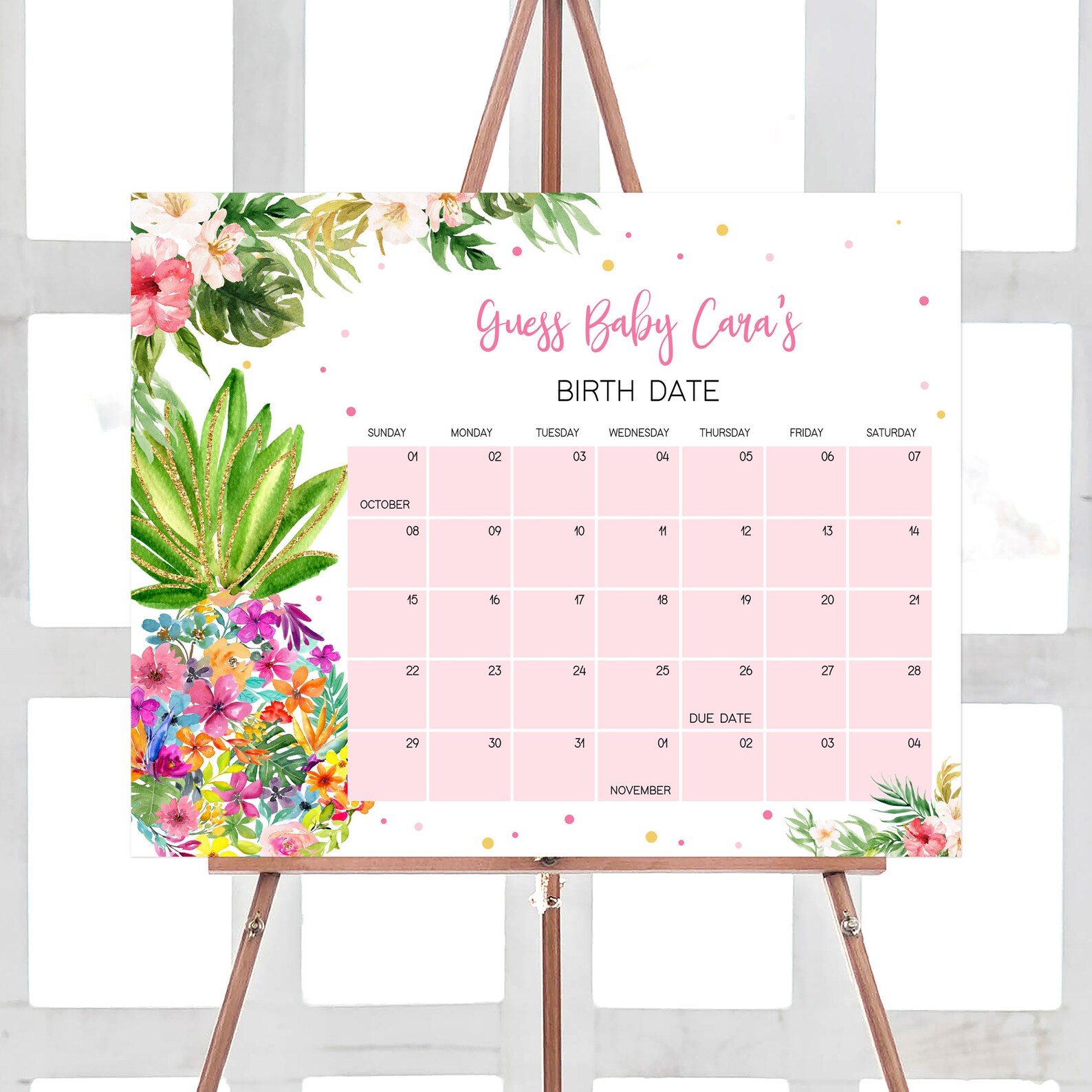 Editable Pineapple Aloha Baby Shower Due Date Calendar, Pink Floral ...