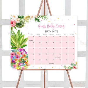 Editable Pineapple Aloha Baby Shower Due Date Calendar, Pink Floral ...