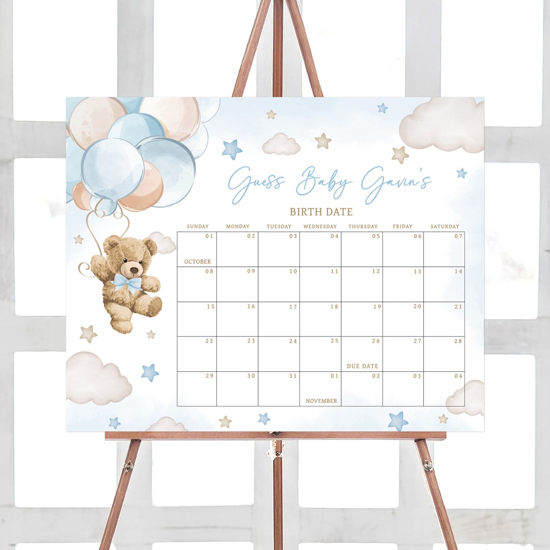 Editable Boy Bear Balloon Baby Shower Due Date Calendar, We Can Bearly ...