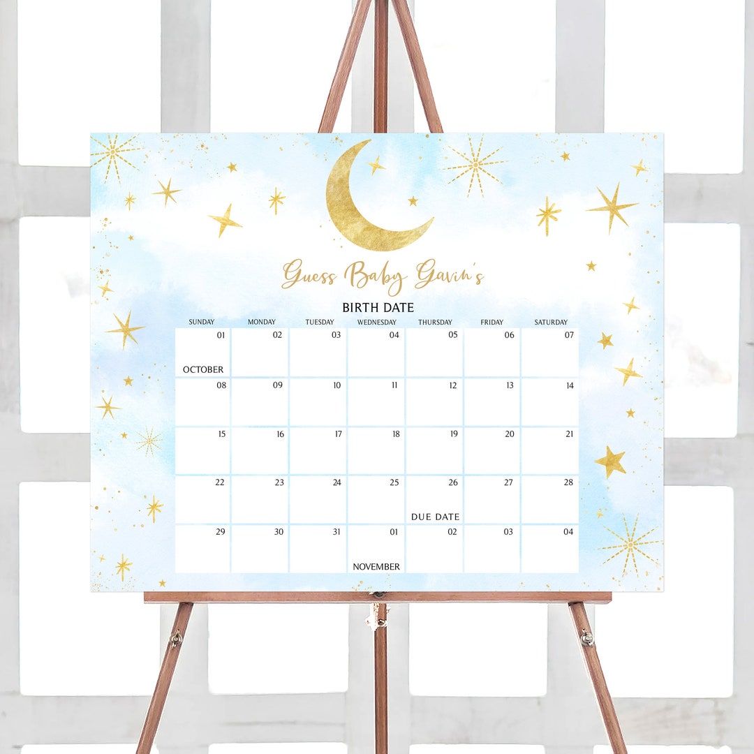 Editable Boy Over the Moon Baby Shower Due Date Calendar, Blue Moon and ...