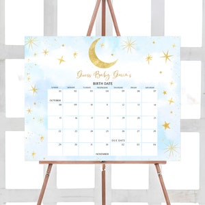 Editable Boy Over the Moon Baby Shower Due Date Calendar, Blue Moon and ...