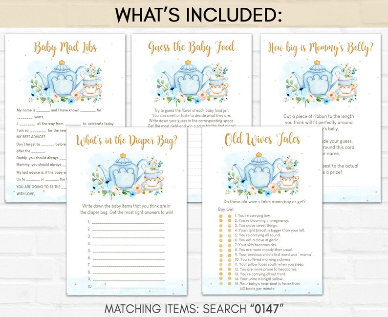 Tea Party Baby Shower Games Bundle Floral Blue Gold Tea Baby - Etsy