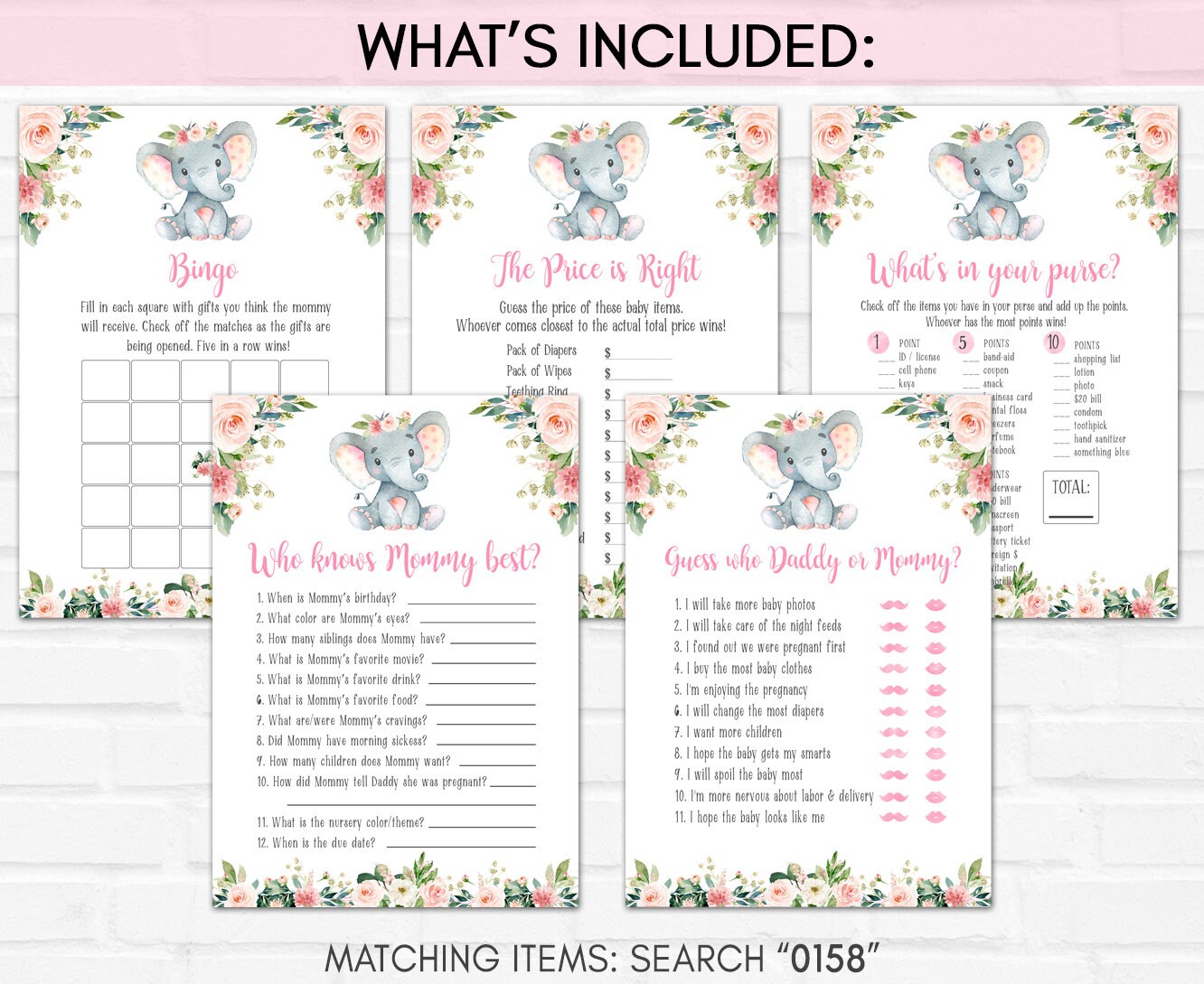 Girl Elephant Baby Shower Games Bundle Pink Floral Elephant - Etsy