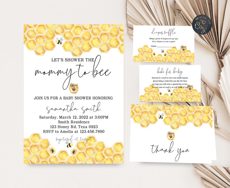 Conjunto de invitación editable de mamá a abeja baby shower, invitación ...
