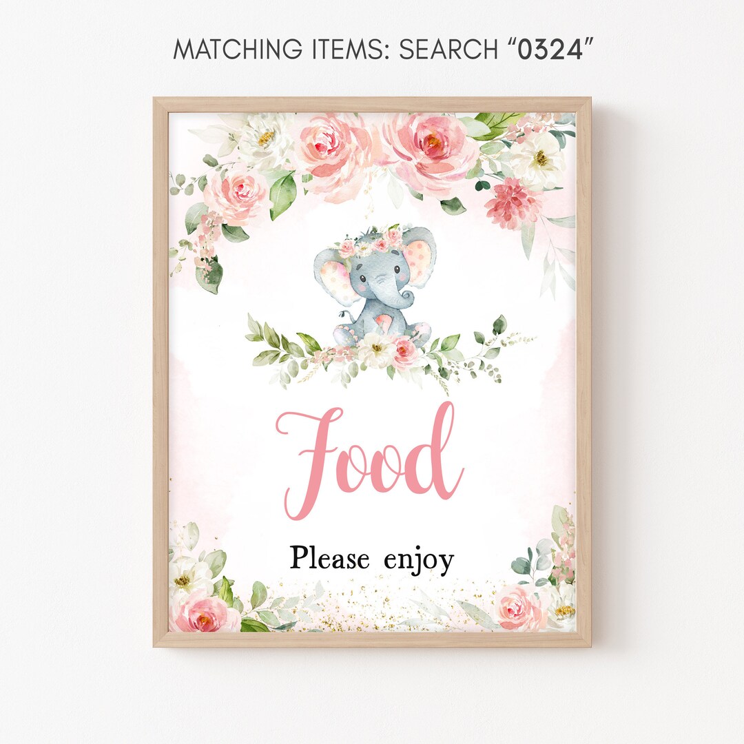 Elephant Baby Shower Food Sign, Blush Pink Floral Baby Shower Food ...
