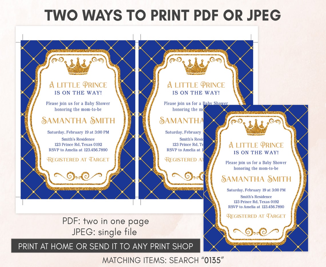 Editable Royal Prince Baby Shower Invitation, Crown Navy and Gold ...