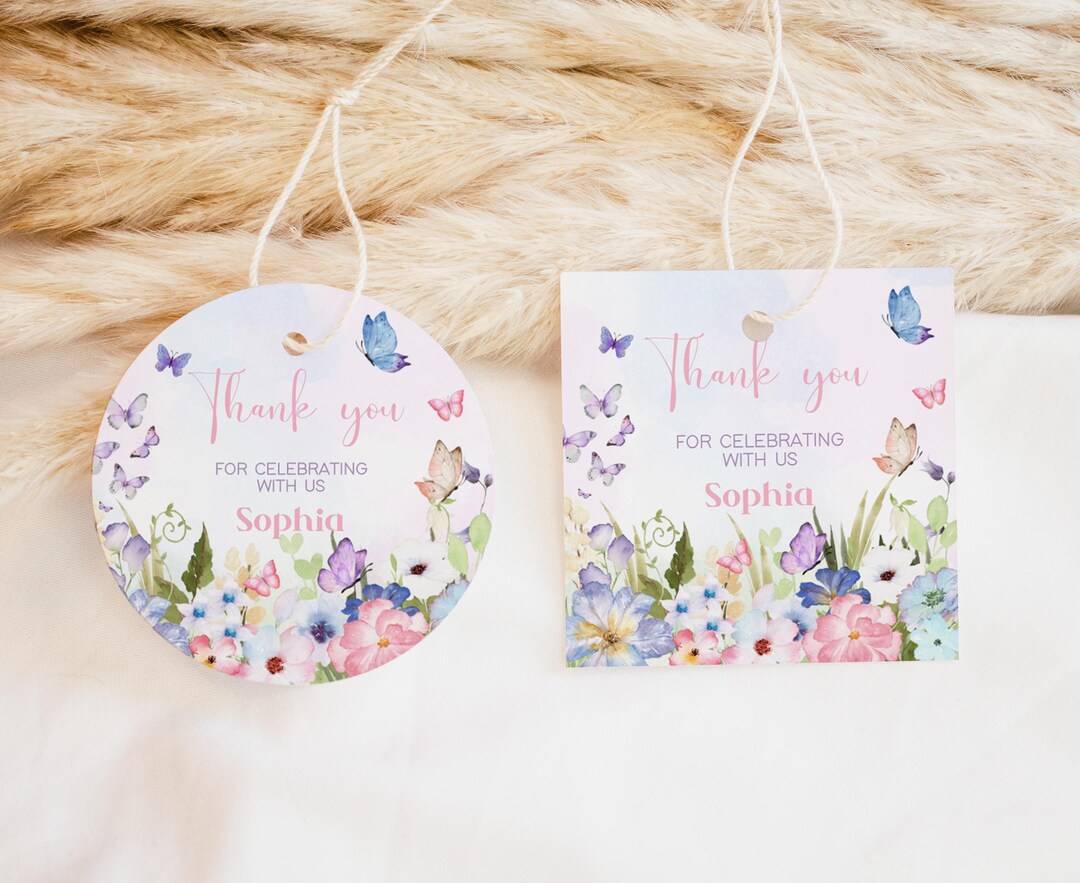 Editable Butterfly Birthday Round Favor Tag, Pink Floral Butterfly Gift ...