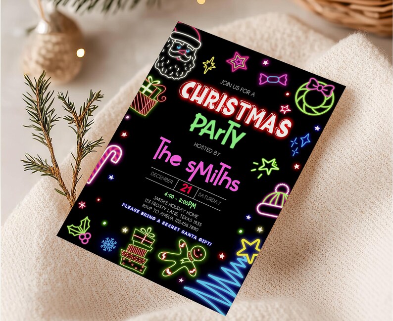 Editable Christmas Party Glow Invitation, Kids Neon Christmas ...