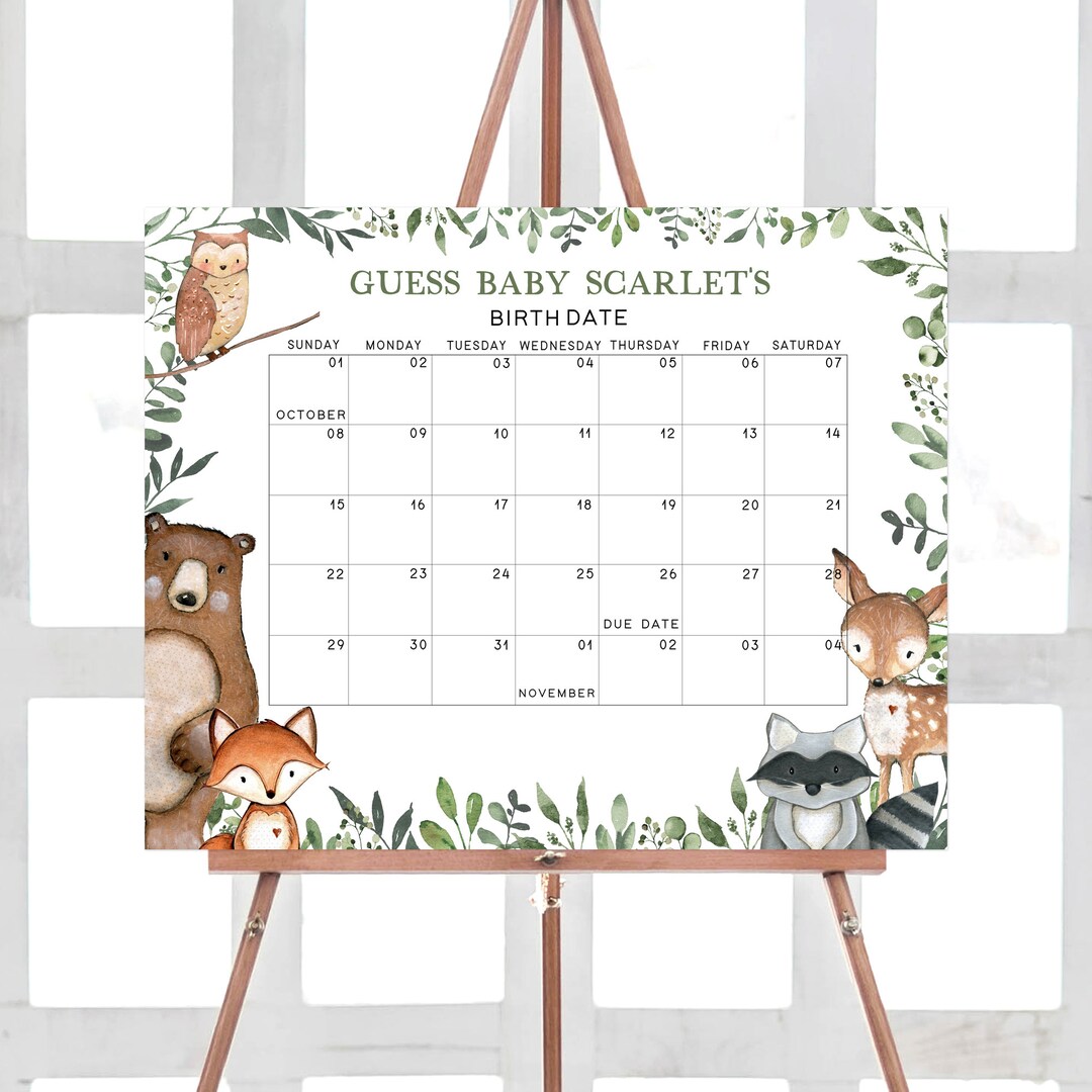 Editable Woodland Baby Shower Due Date Calendar Woodland Animals Baby ...