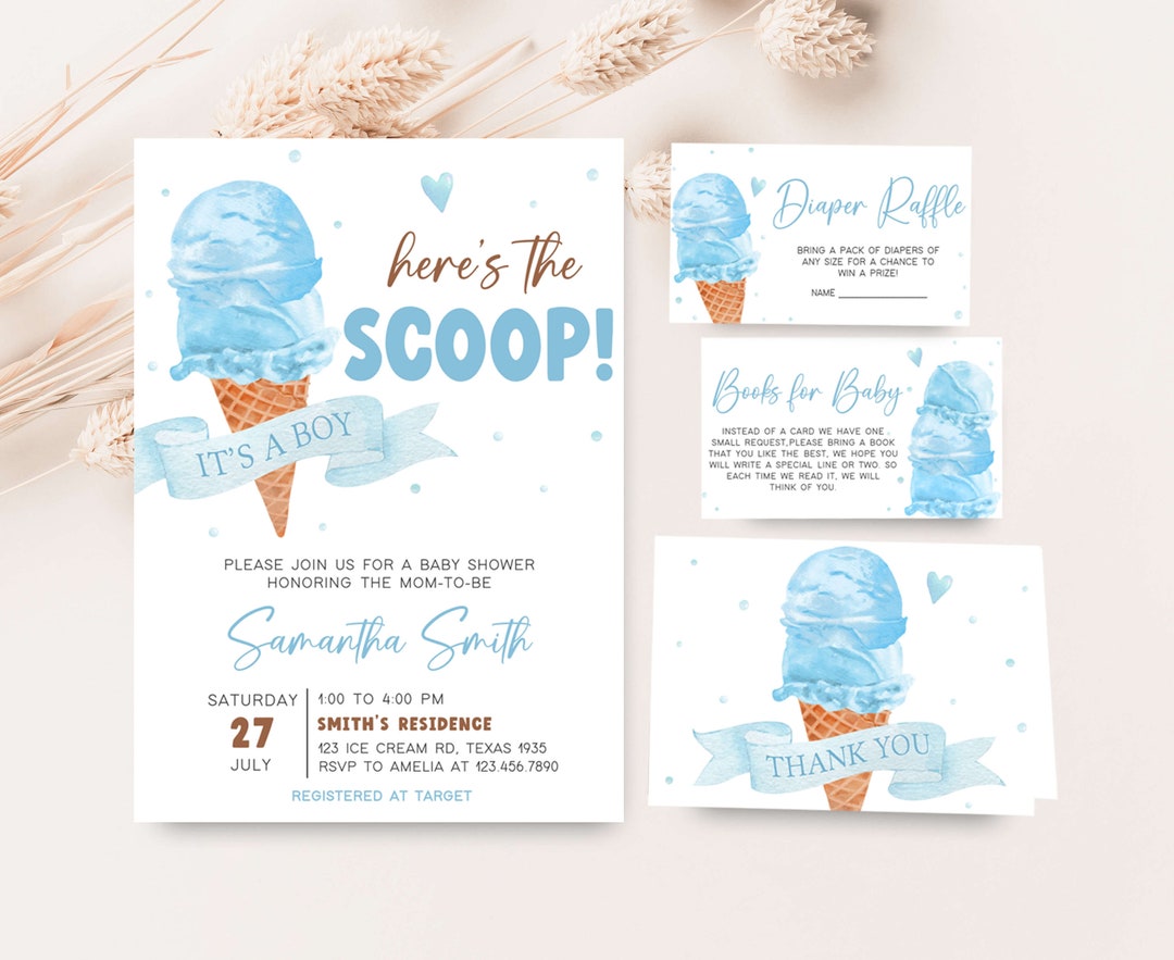 Editable Blue Here's the Scoop Baby Shower Invitation Bundle, Boy Ice ...