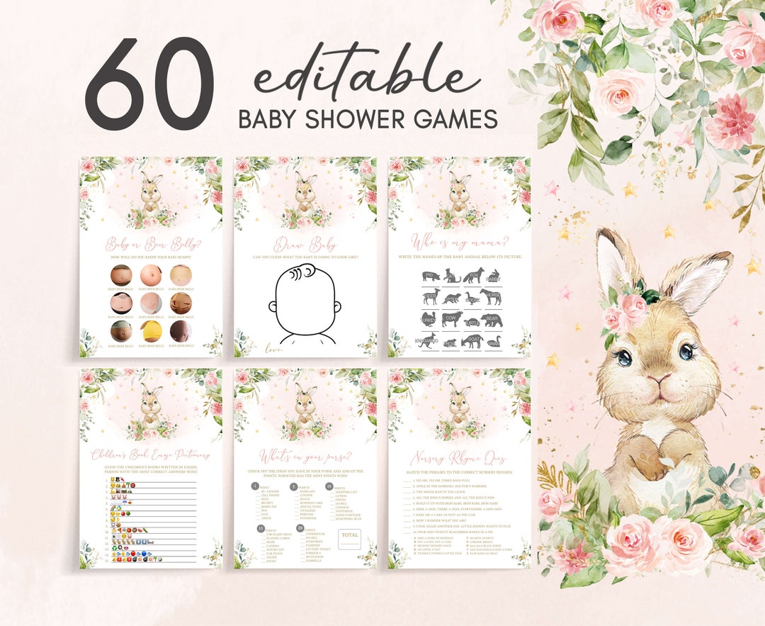 Editable Bunny Girl Baby Shower Games Bundle, Pink Floral Baby Shower ...