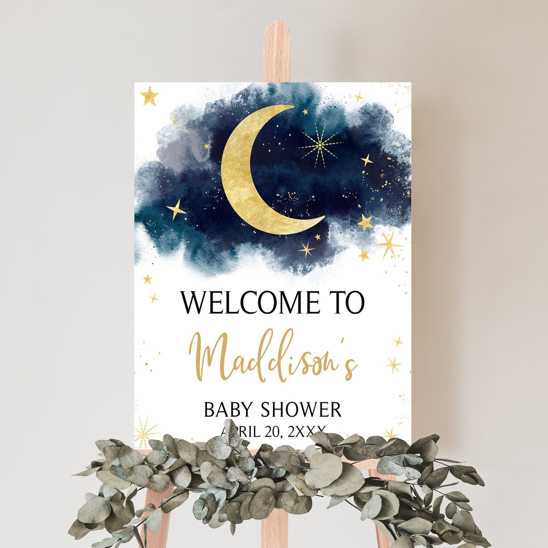 Editable We Are Over the Moon Baby Shower Welcome Sign, Boy Moon and ...