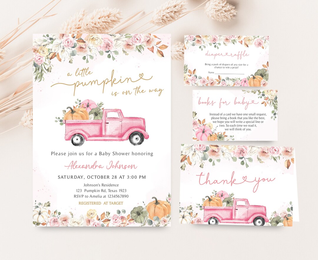 Editable Fall Pumpkin Truck Baby Shower Invitation Bundle, Pink Pumpkin ...