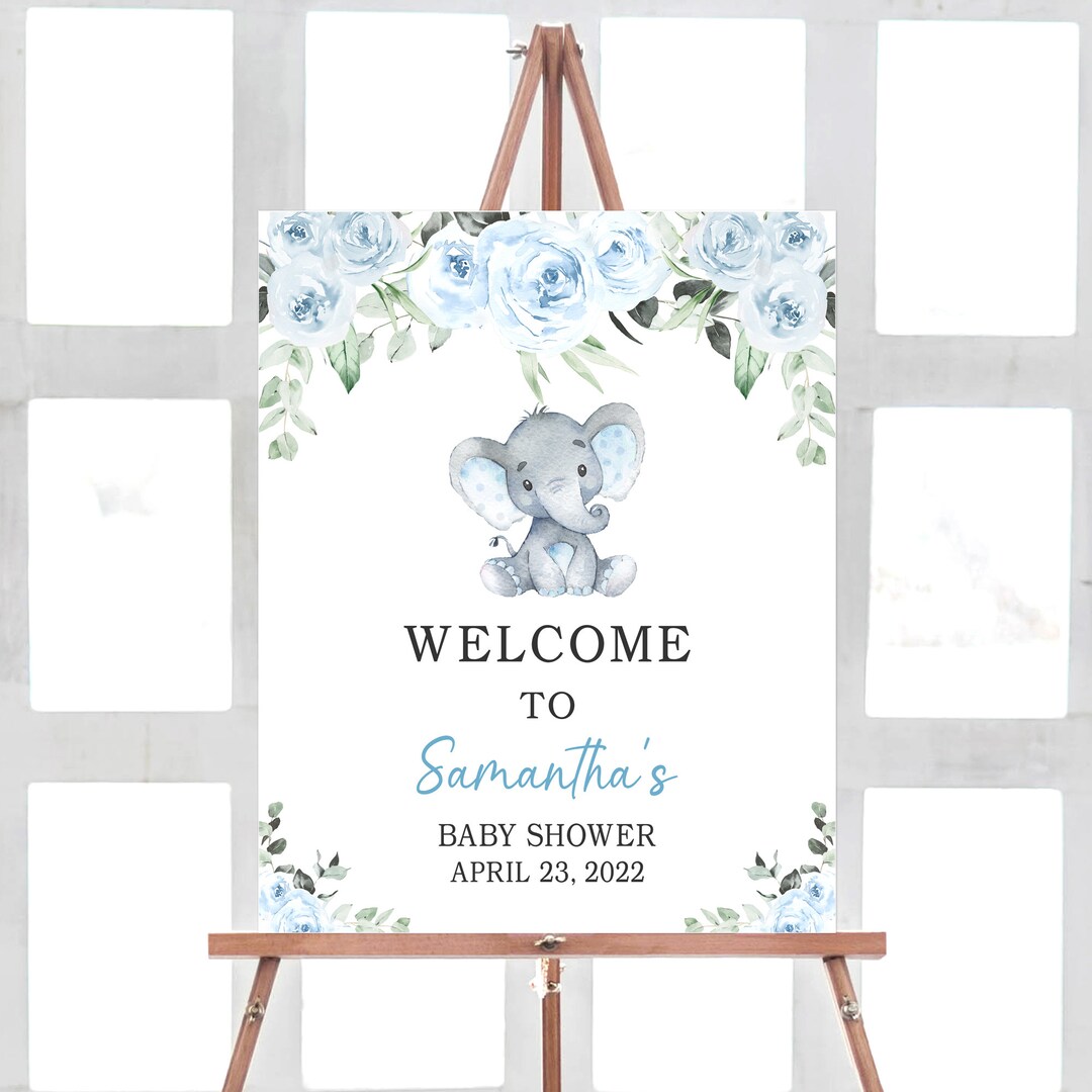 Blue Elephant Baby Shower Welcome Sign, Floral Elephant Welcome Poster ...