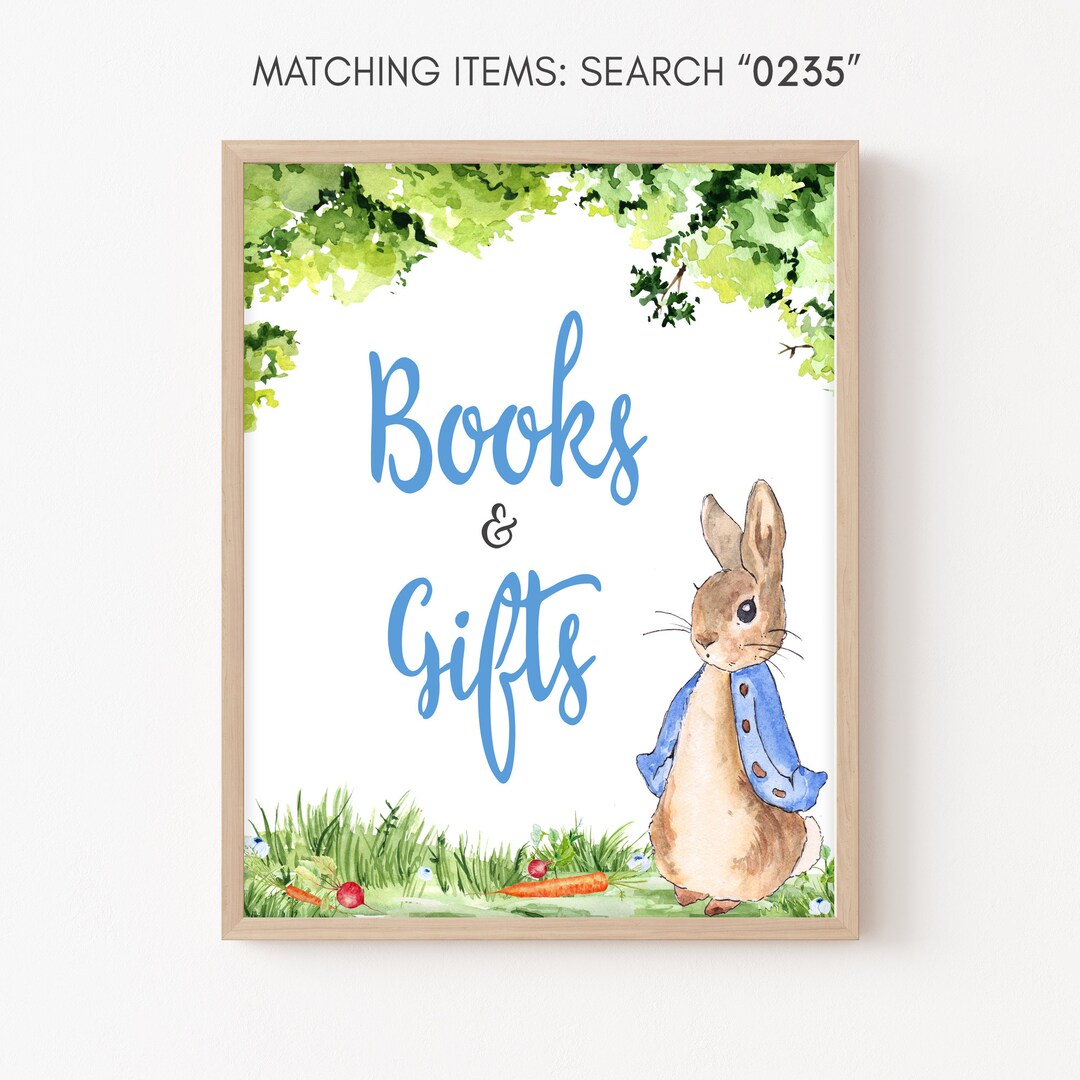 Peter Rabbit Baby Shower Books and Gifts Sign, Blue Bunny Baby Shower ...