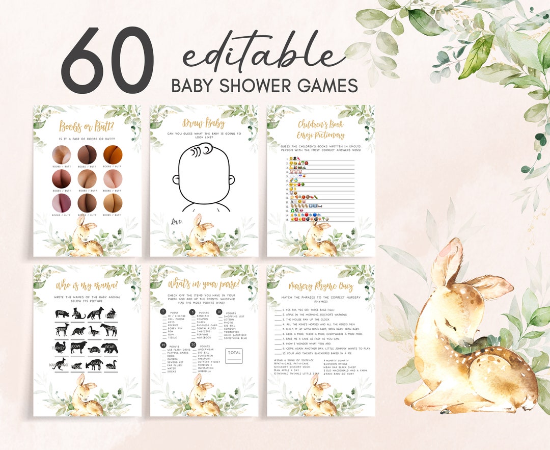 Editable Greenery Deer Baby Shower Games Bundle, Deer Woodland Baby ...