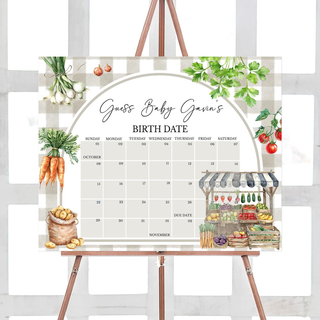 Editable Farmers Market Baby Shower Due Date Calendar, Locally Grown ...