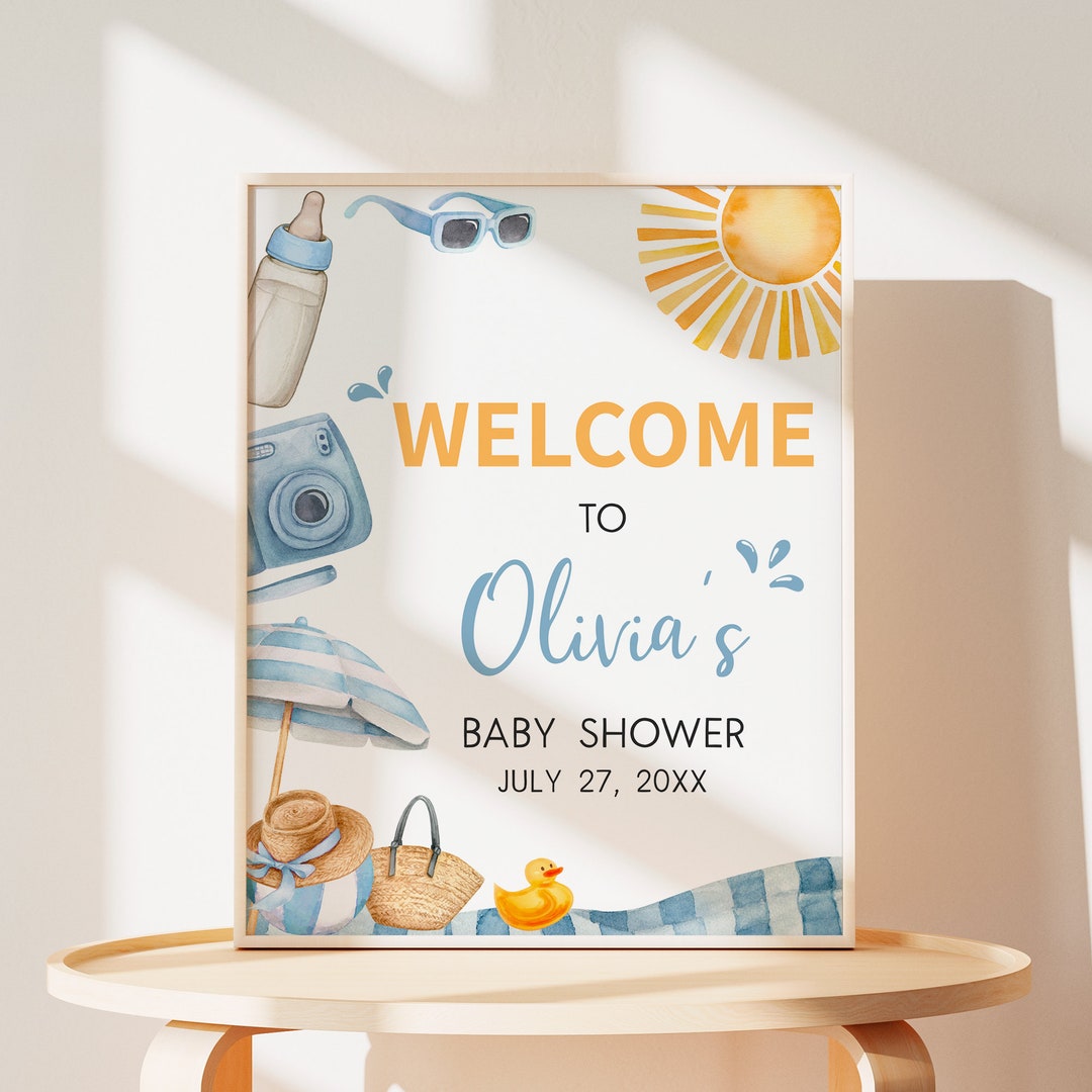 Editable Blue Beach Summer Baby Shower Welcome Sign, Boy Splish Splash ...