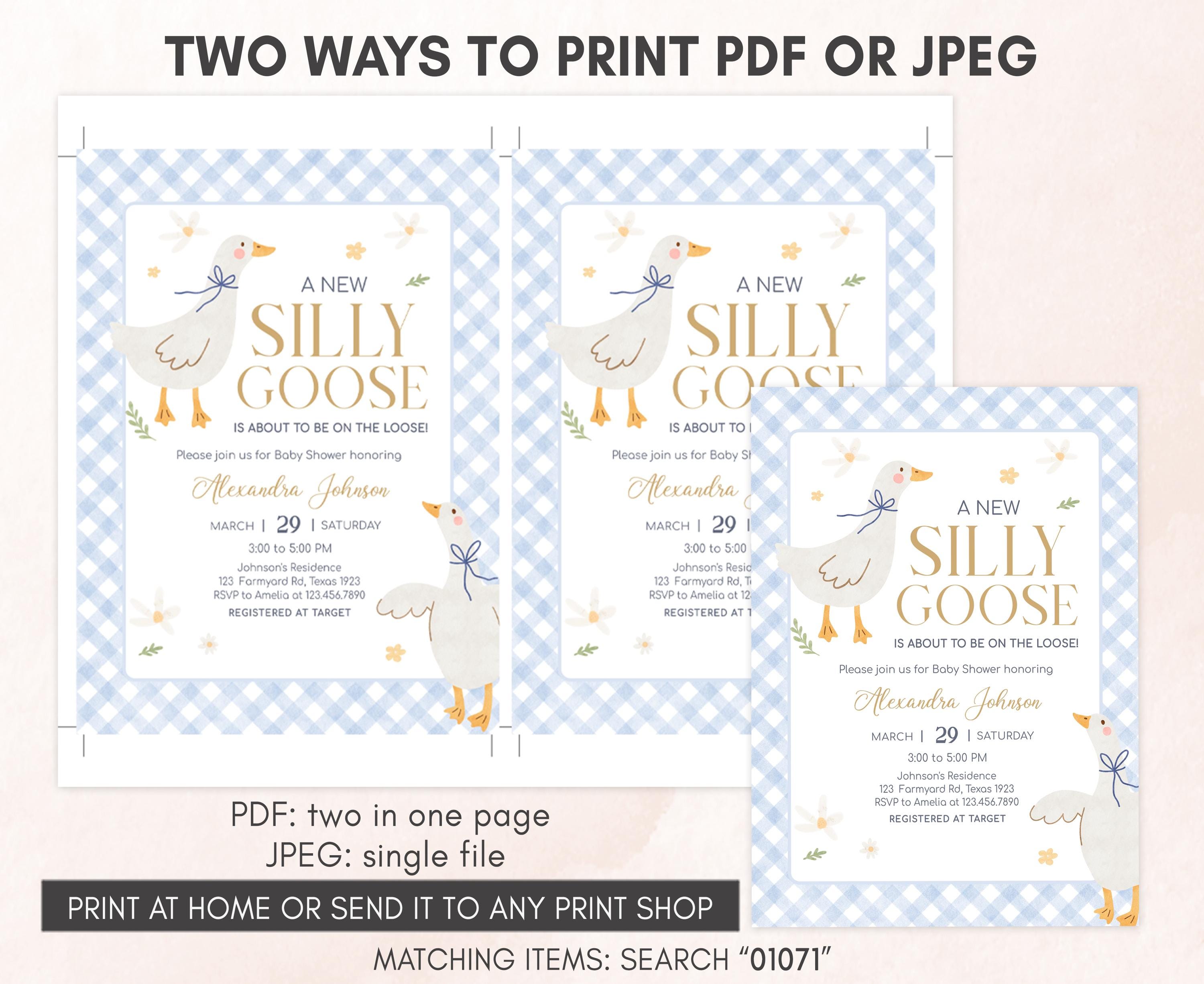 Editable Silly Goose Baby Shower Invitation Bundle, Baby Goose Blue ...