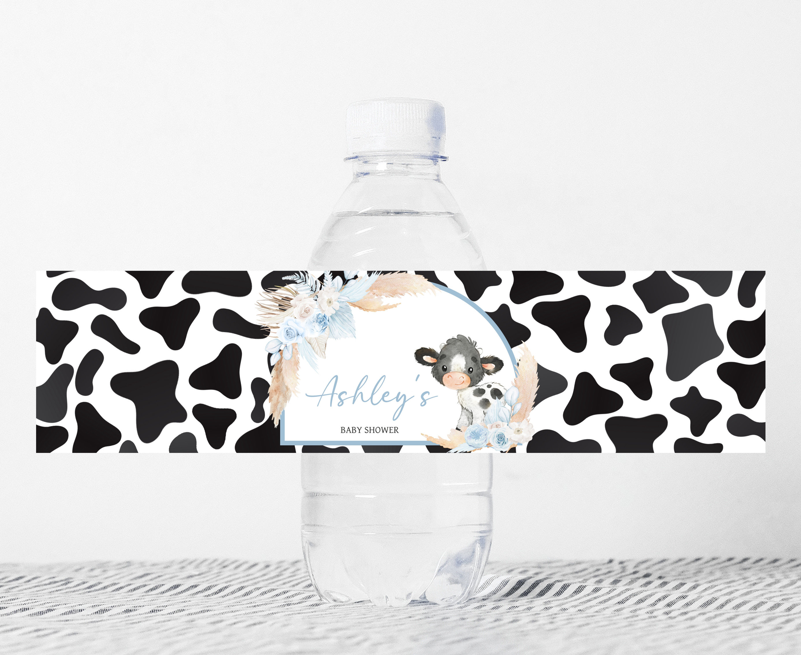 Editable Boy Holy Cow Baby Shower Bottle Label, Blue Highland Cow Baby ...