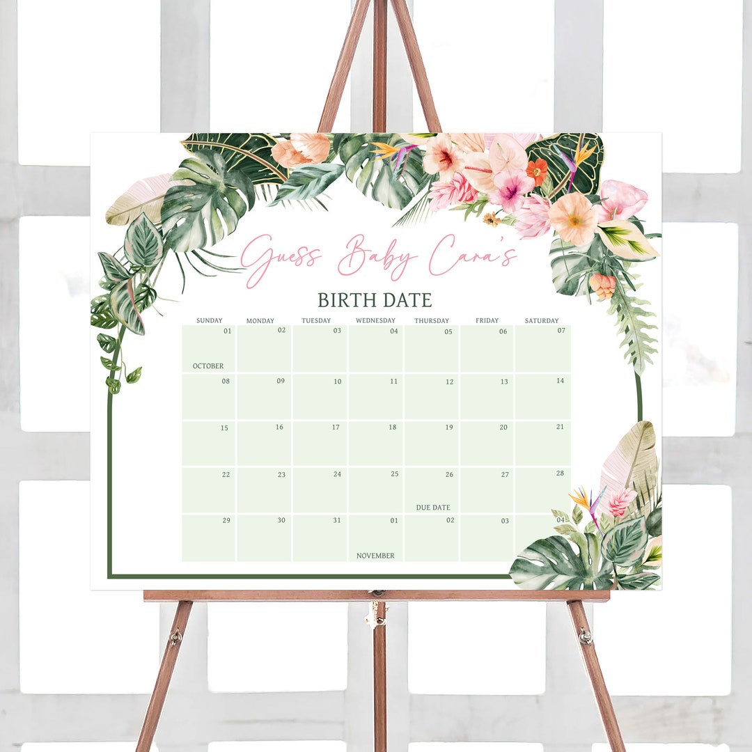 Editable Aloha Baby Shower Due Date Calendar, Floral Tropical Girl Baby ...