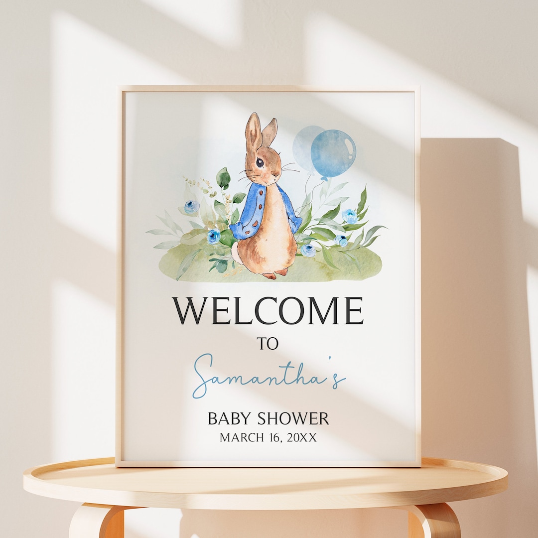 Editable Blue Peter Rabbit Baby Shower Welcome Sign, Bunny Boy Baby ...