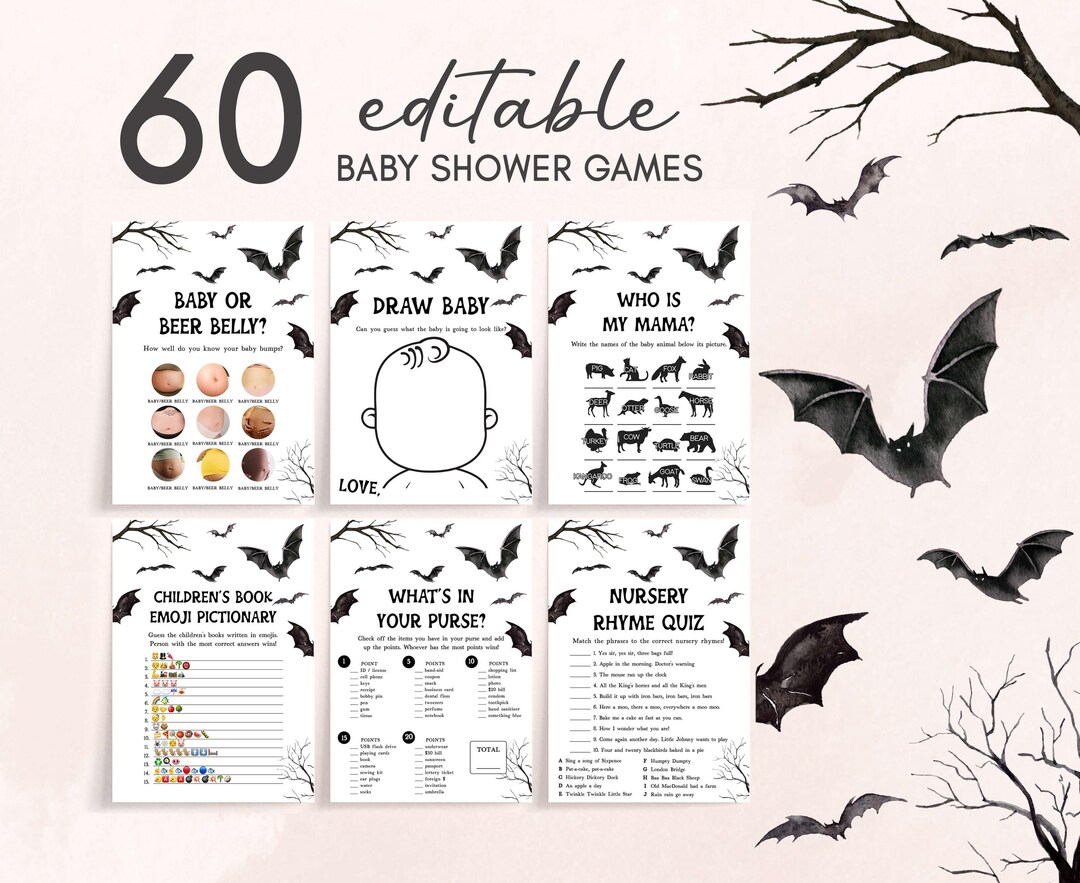 Editable We're Going Batty Halloween Baby Shower Games Bundle, Bats ...