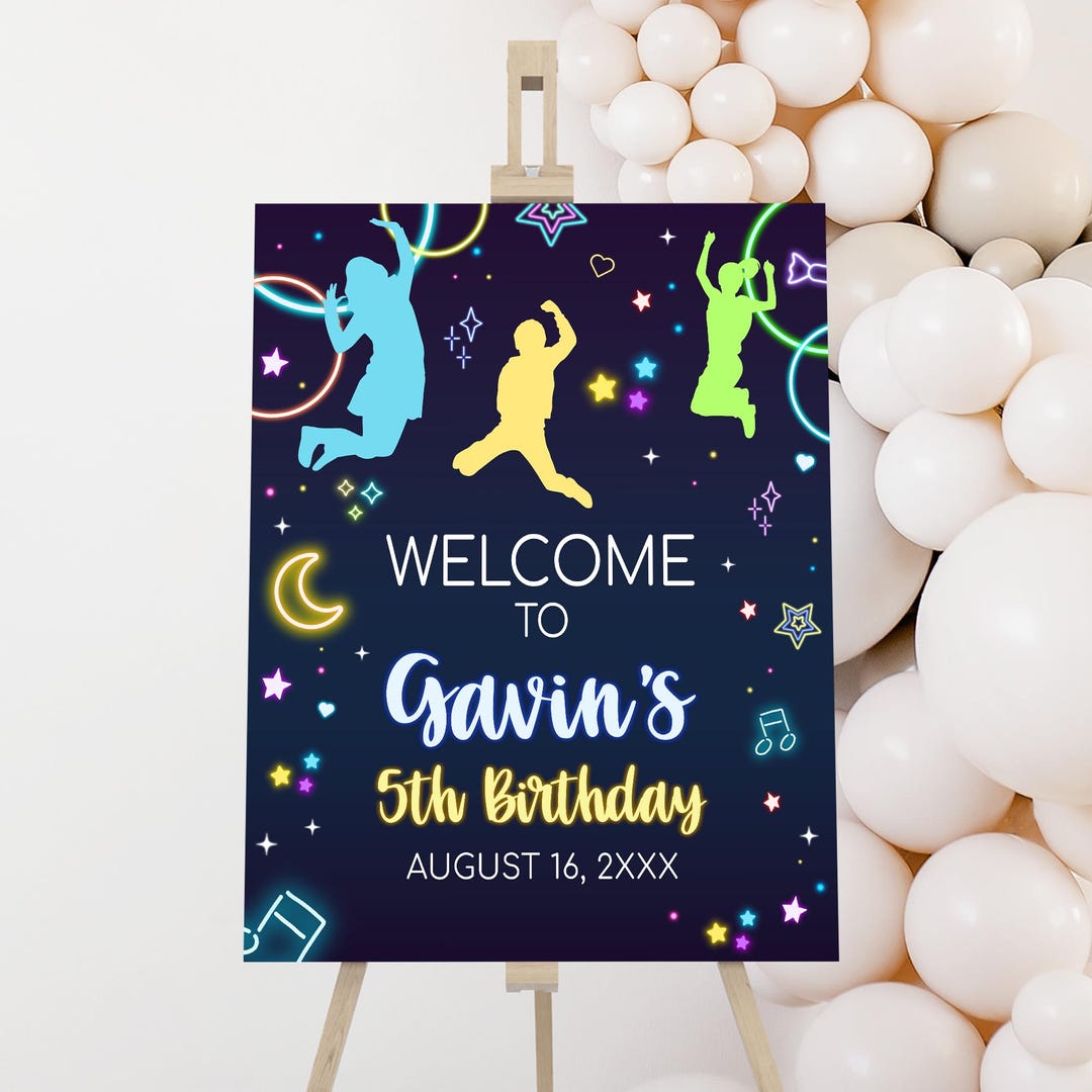 Editable Let's Jump Birthday Welcome Sign, Neon Trampoline Party Sign ...