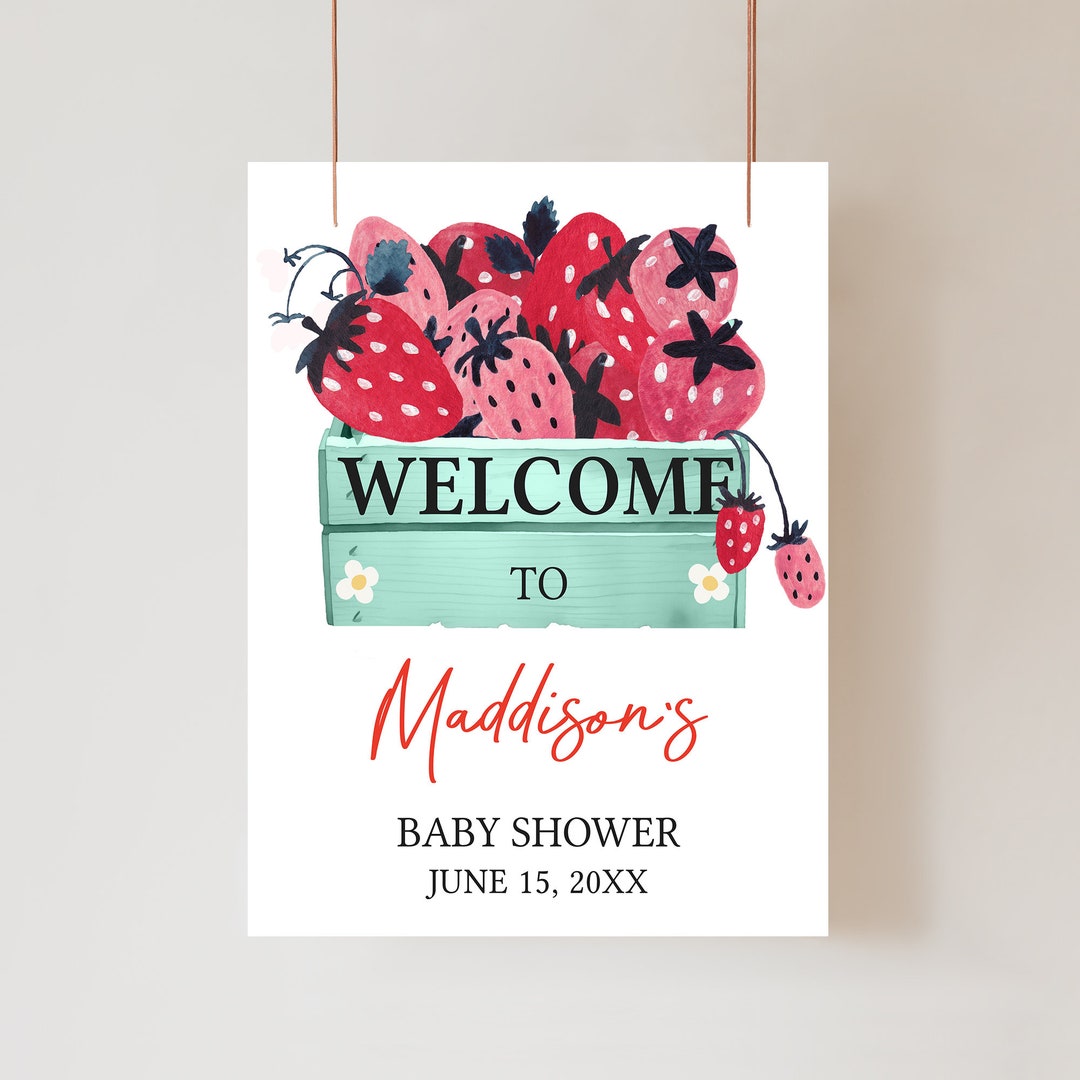 Editable Strawberry Baby Shower Welcome Sign, Berry Sweet on the Way ...